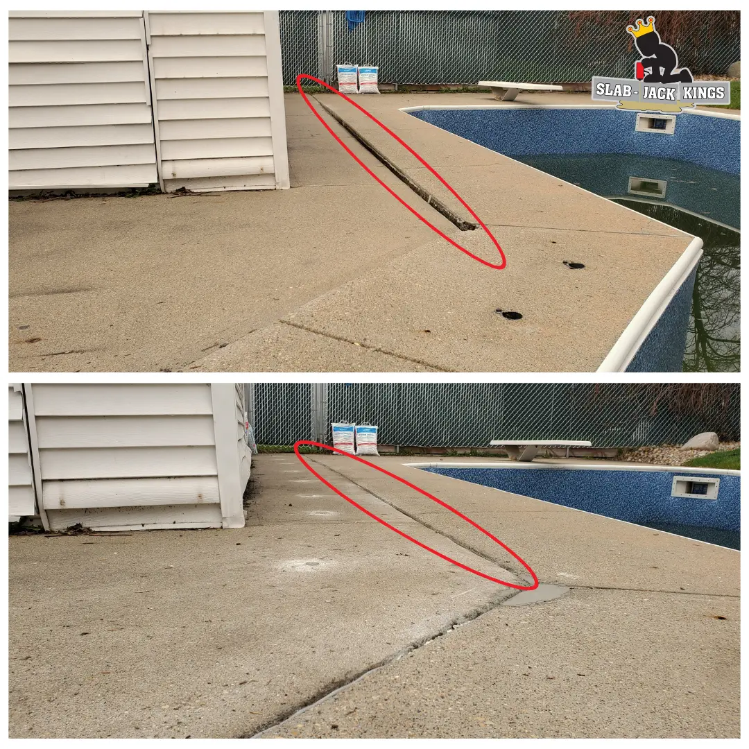 Concrete Patio Repair Next To Pool Deck Before And After - Slab-Jack Kings